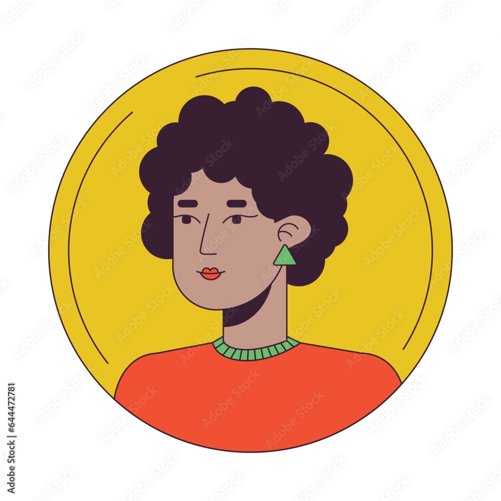 Dark haired afro woman flat color cartoon avatar icon. Curly hair. Cute ...