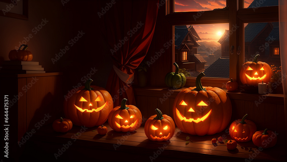 Halloween concept art image. Decorated frightening pumpkins near the ...