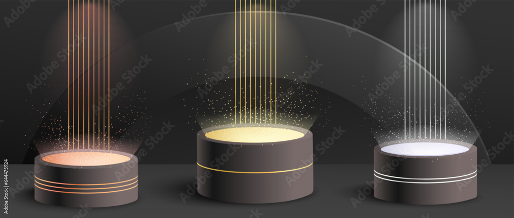 Realistic 3d studio with three vector podiums with bronze, silver and ...