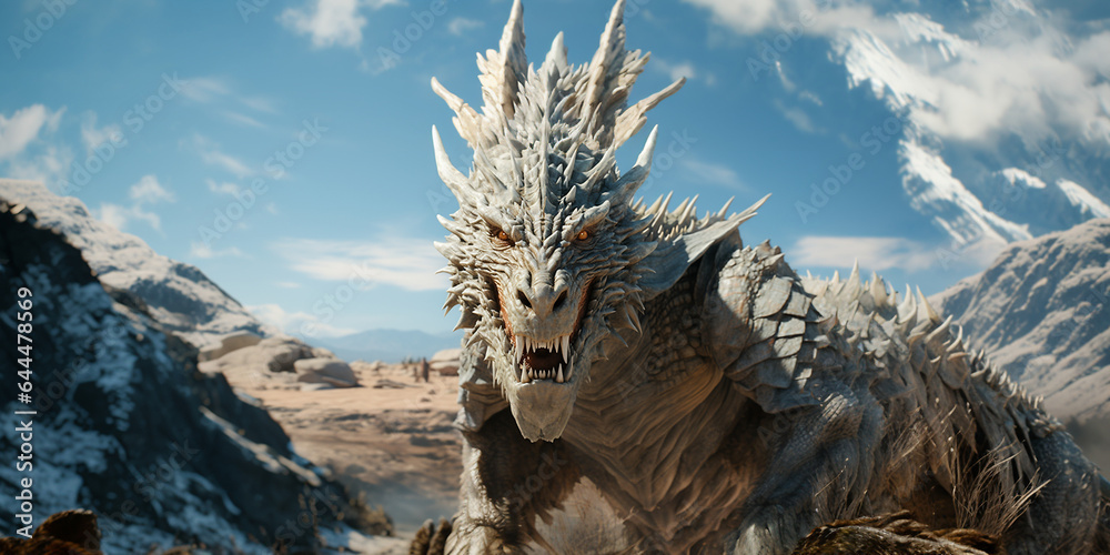 Stacheliges graues Monster in Drachen Gestalt in den Bergen im ...