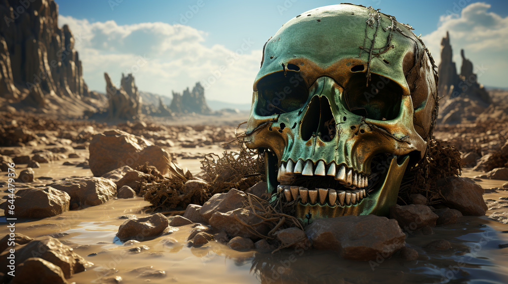 A close-up of a human skull standing in a puddle on a pile of rocks in ...