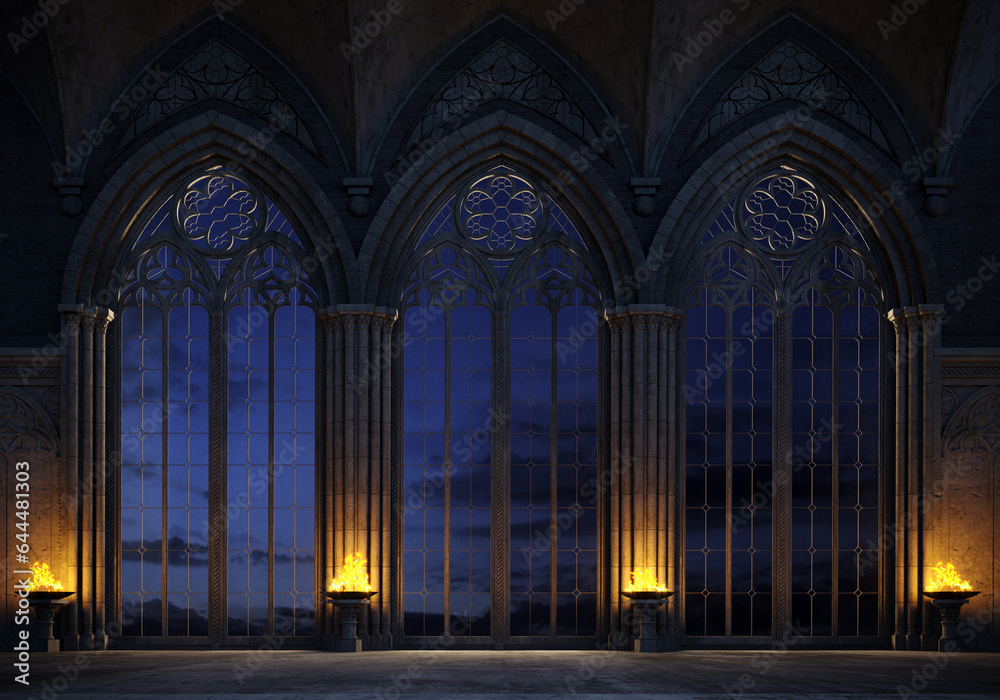 Abandoned castle with a large gothic window sunset rays Stock ...