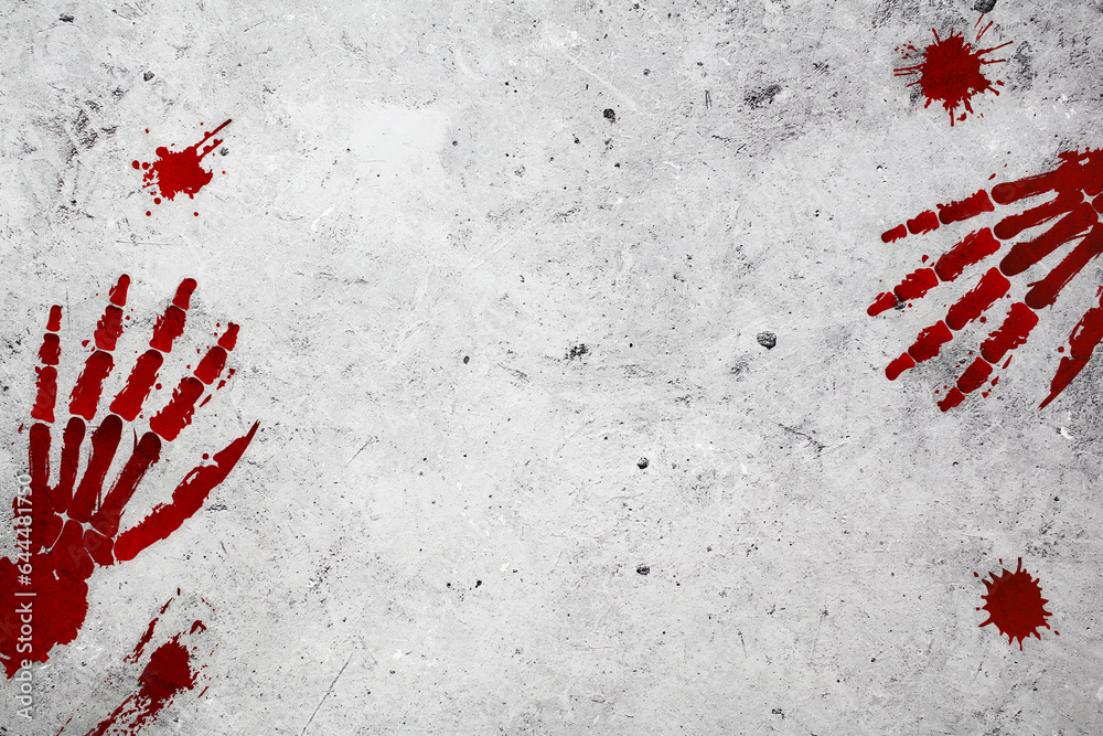Bloody zombie handprint and blood splashes on concrete background Stock ...