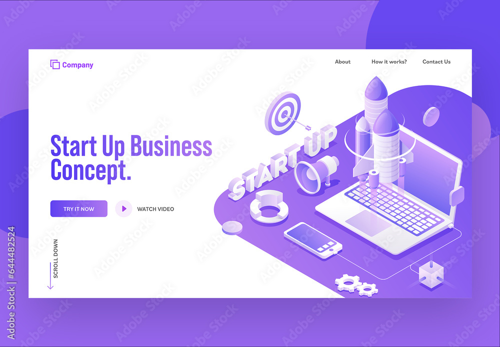 Startup Business Concept Based Landing Page with 3D Text, Rocket ...