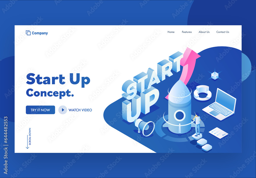 Business Startup Concept Based Landing Page Design with 3D Text in Blue ...