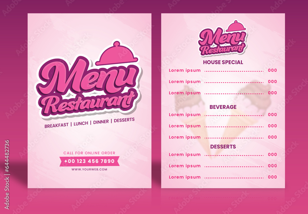 Editable Restaurant Menu Card, Template Layout in Pink Color. Stock ...
