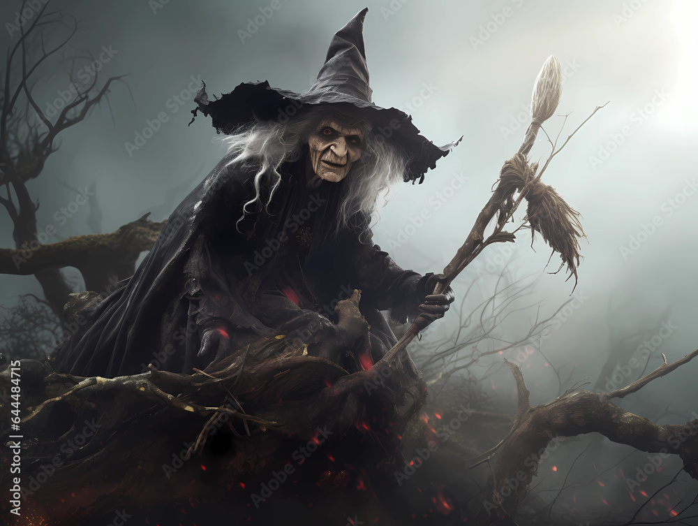 Schaurige Hexe in kargem Wald bei fahlem Mondlicht zu Halloween ...