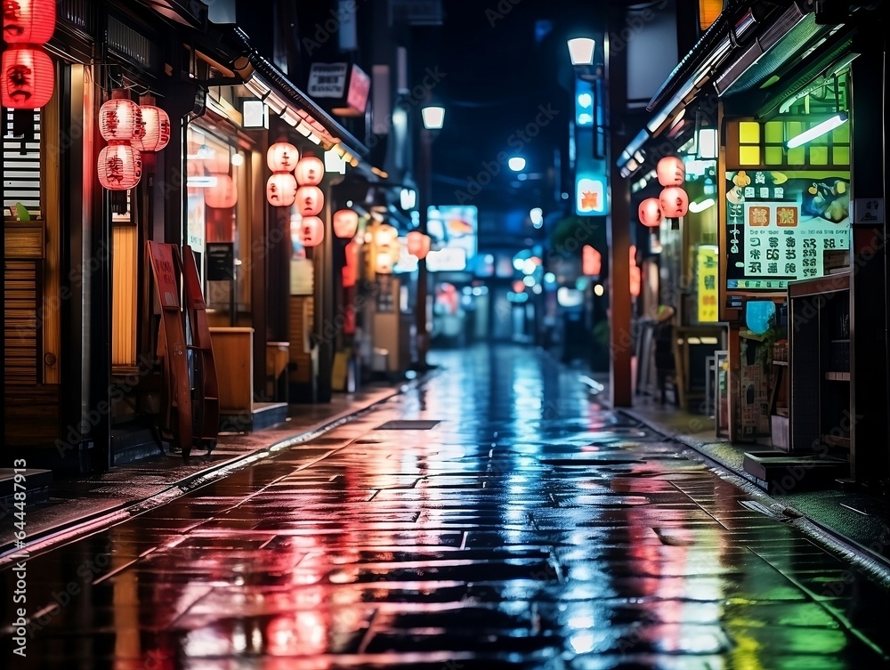 Japan neon lights wet road street background in night after rain in old town. City urban empy ...