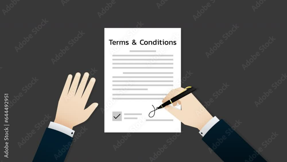 Animation of Businessman tick in the checkbox and signing on a Terms & Conditions document form ...