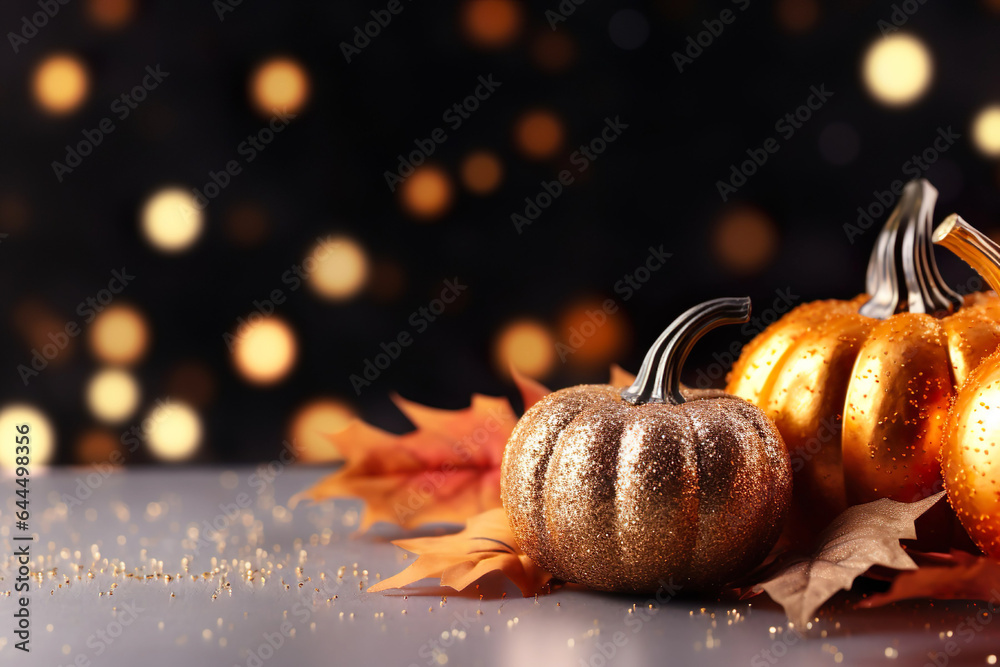 golden glitter pumpkins with fall leaves on wooden ground in front of a black background with ...