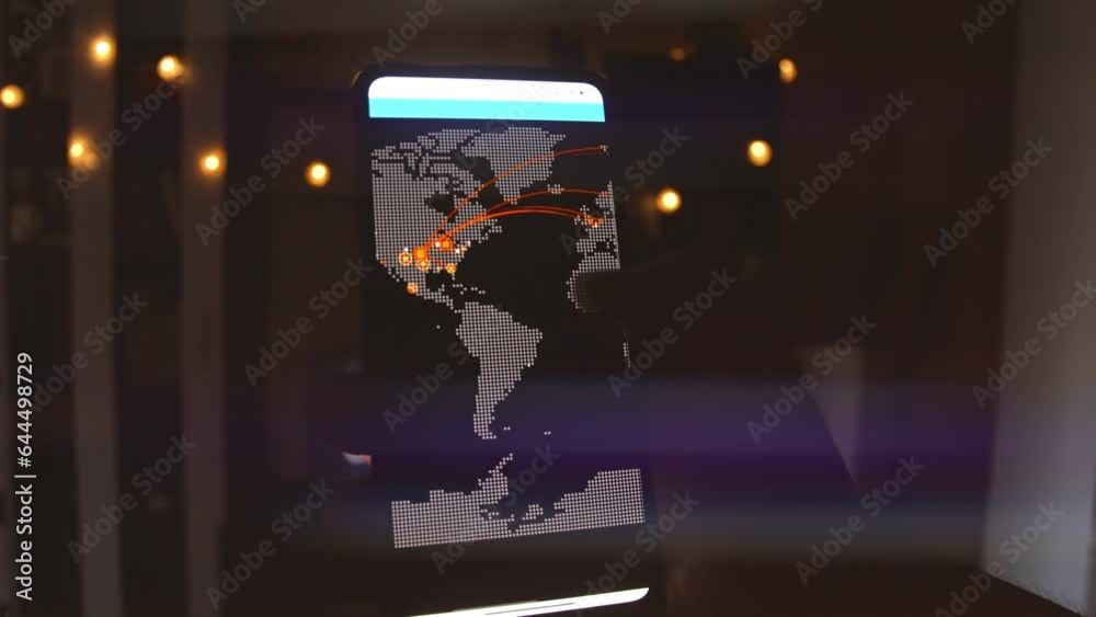 World map with different targets for cyber attack on phone. Hacking and ...