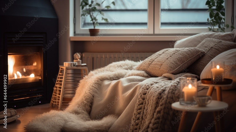 Hygge Home interior with soft lighting, candles, warm textiles, and ...