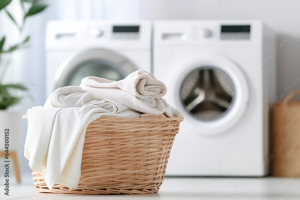 Laundry basket with clothes beside of a washing machine. Creative ...