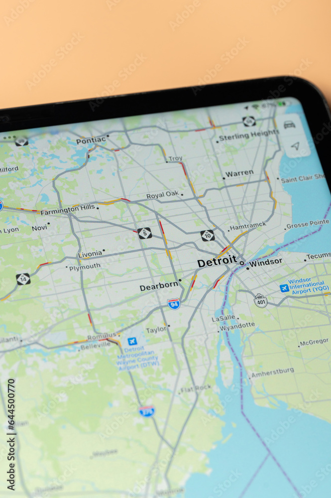 Car traffic in Detroit on google maps app Stock Photo | Adobe Stock