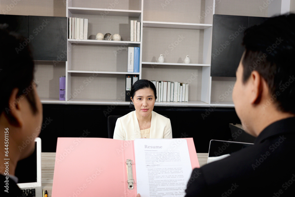 Anxious nervous candidate woman has interview for new job by two ...