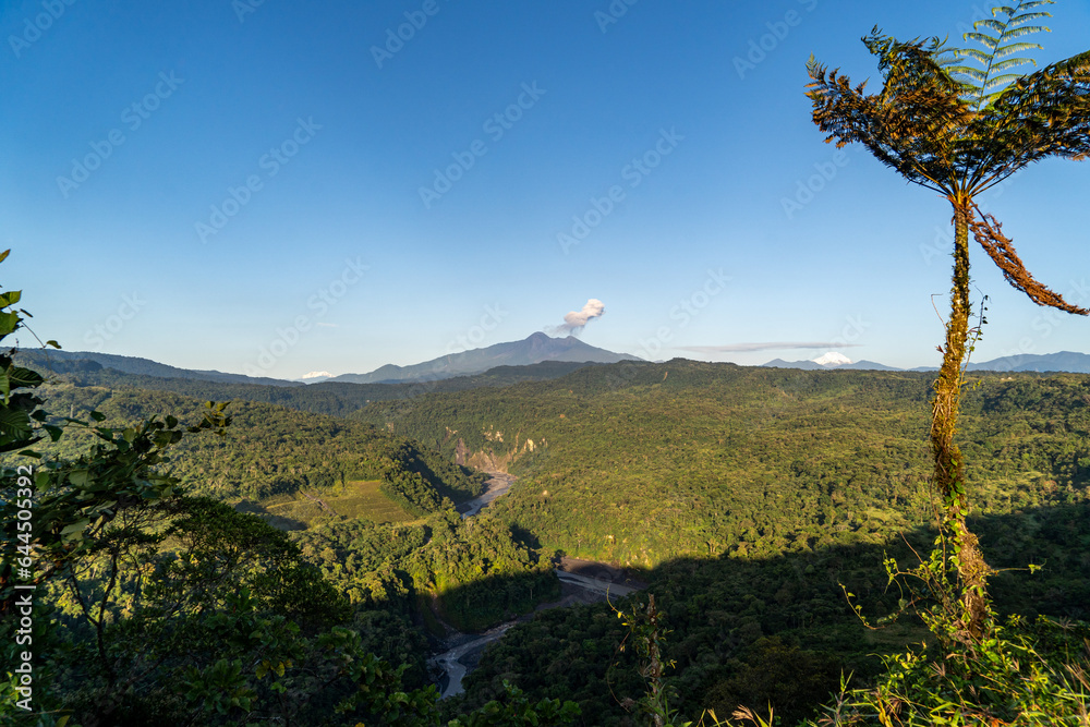Reventador volcano erupting, landscape located in the Amazon rainforest ...