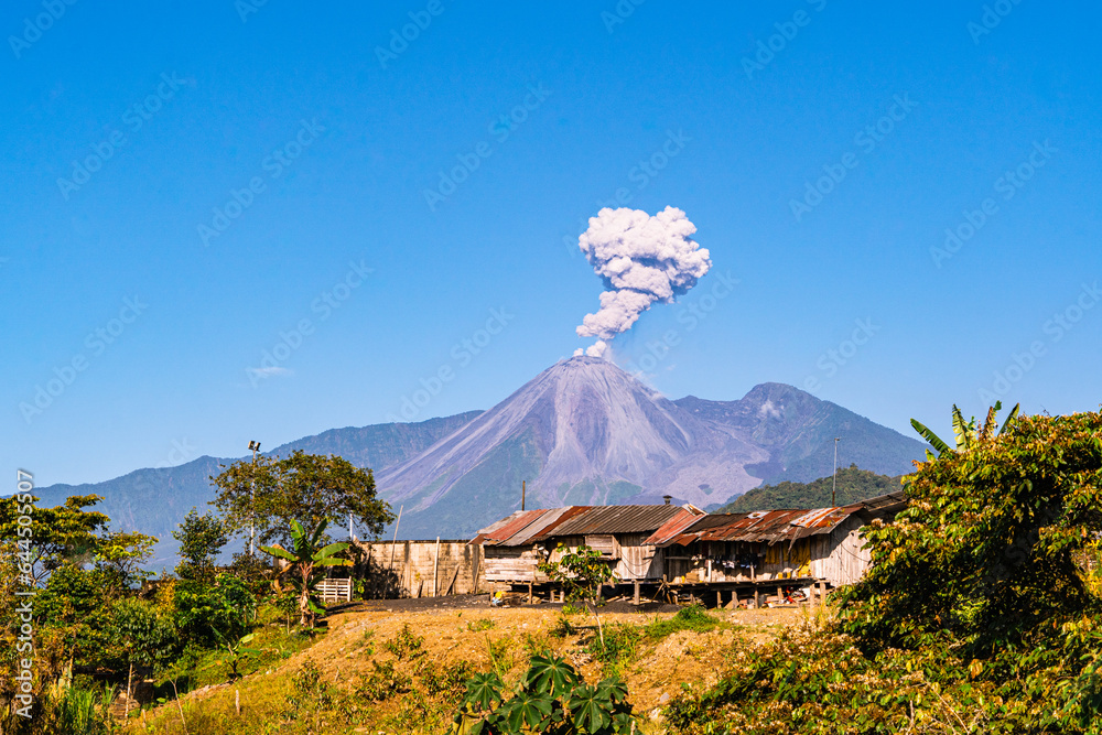 Reventador volcano erupting, landscape located in the Amazon rainforest ...