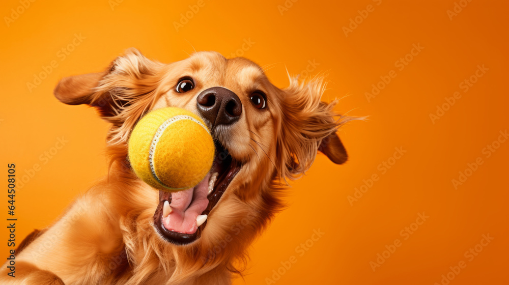 Portrait of dog catching ball on orange background. Excited and playful ...