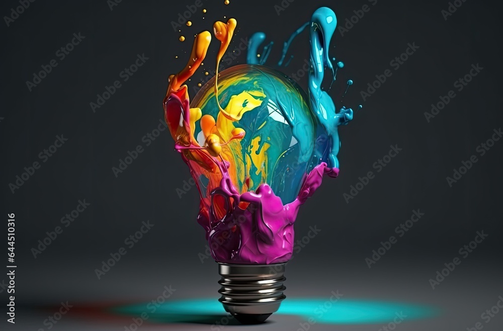 Creative colored light bulb explosion with shards and paint, a creative ...