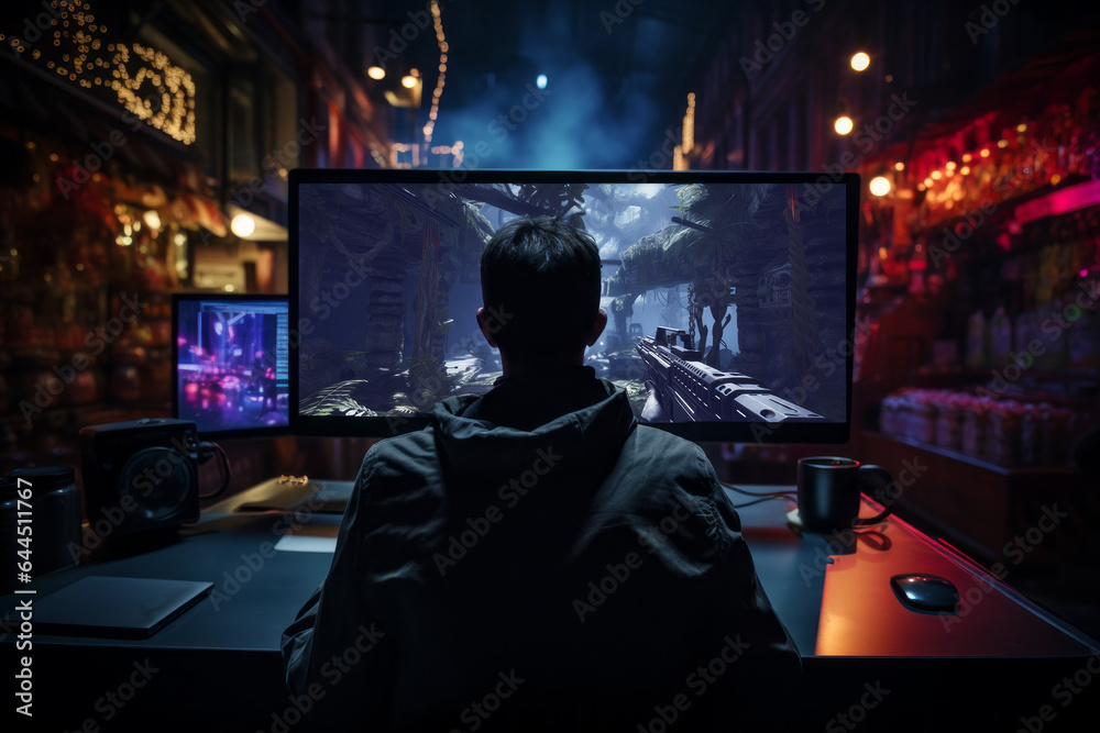 A man playing a video game. First person shooter. Dark room. Gamer ...