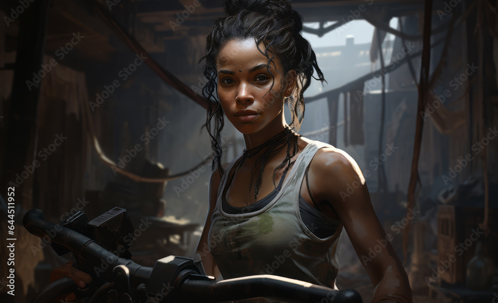 A tomboy. Young woman working on a motorbike. Female mechanic. Strong ...