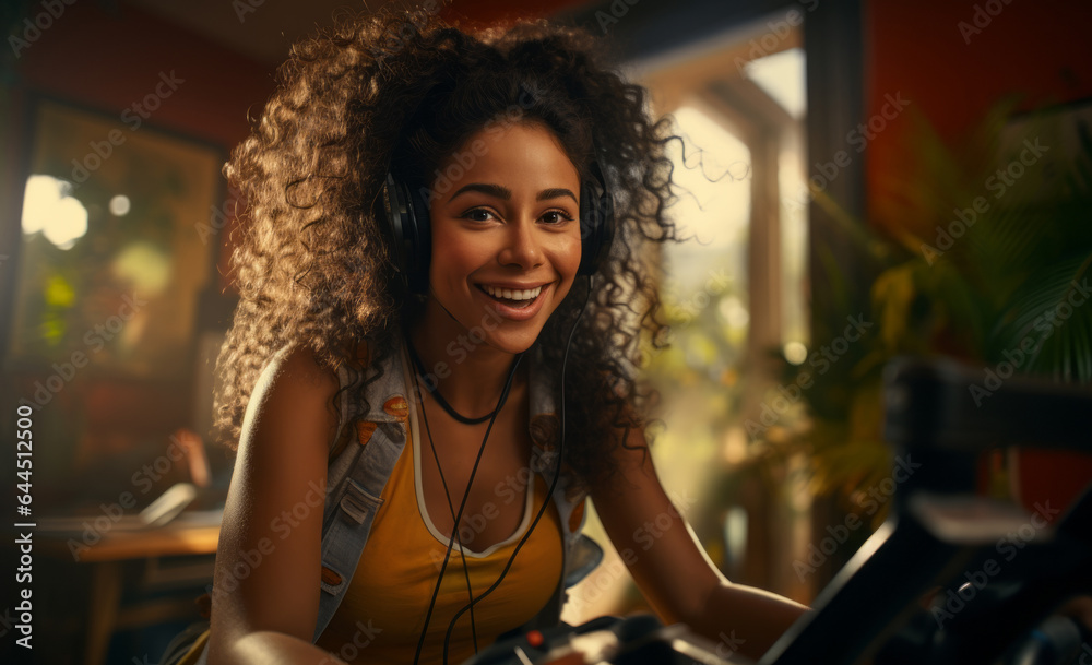 A young woman laughing. Using an exercise machine. Listening to music ...