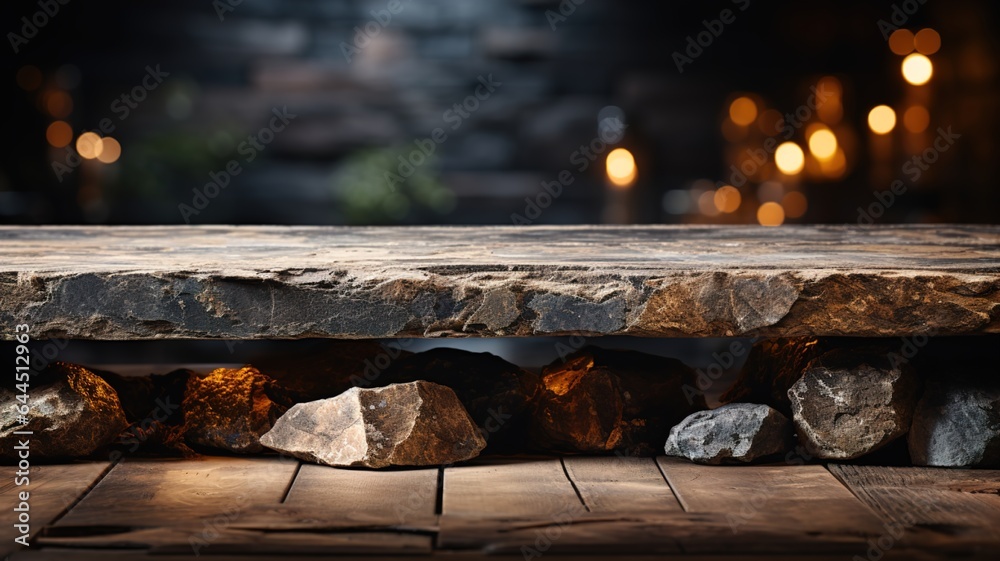 A front view of a dark gray, empty stone table with a blurry dark rock ...