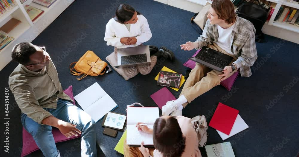Students in library, people study together and learning, education and ...