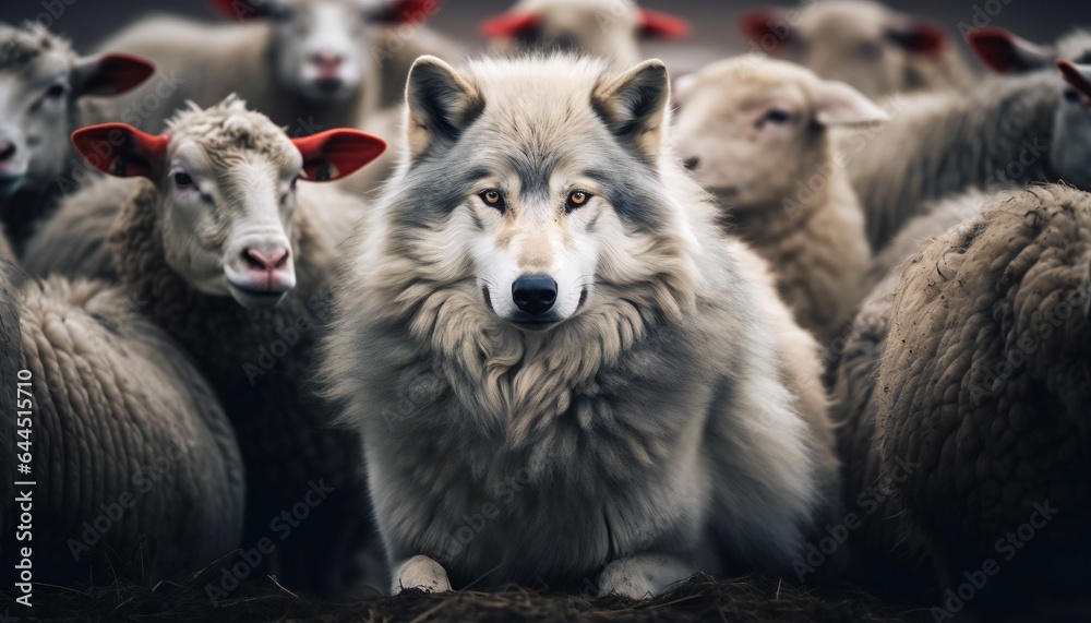 Wolf in sheep's clothing hiding among a flock of sheep Stock Photo ...