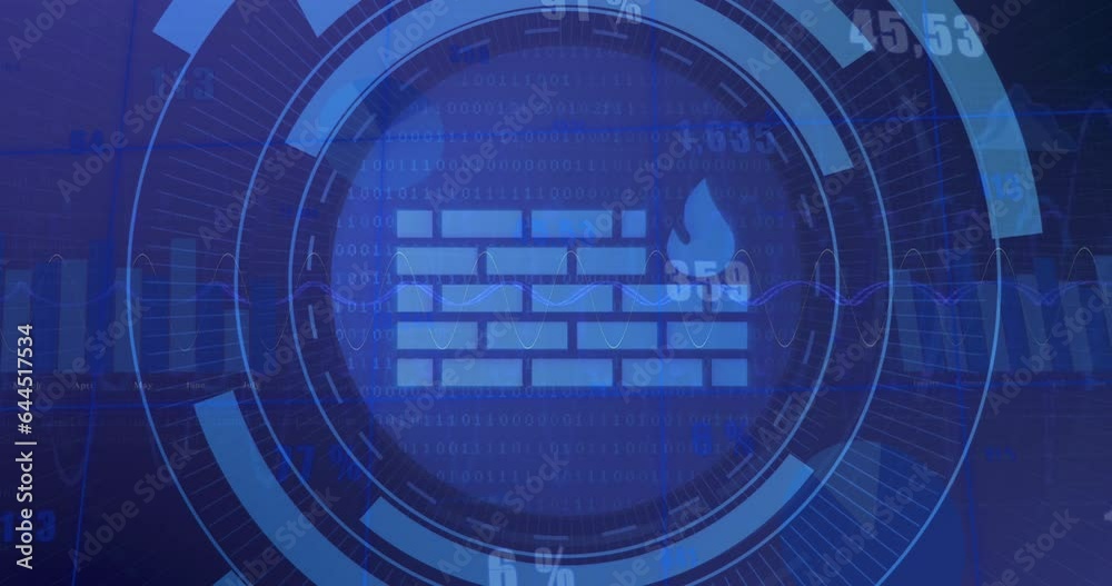 Animation of firewall icon in loading circles, graphs, numbers, binary codes over blue ...