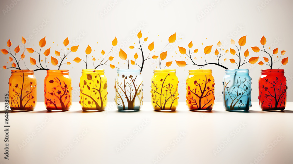 Colorful canning jars standing next to each other, branches decorated ...