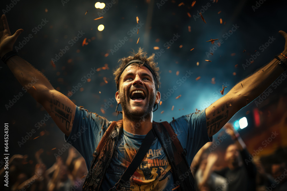 Victory Celebration. Athlete raising arms in triumph at the finish line ...