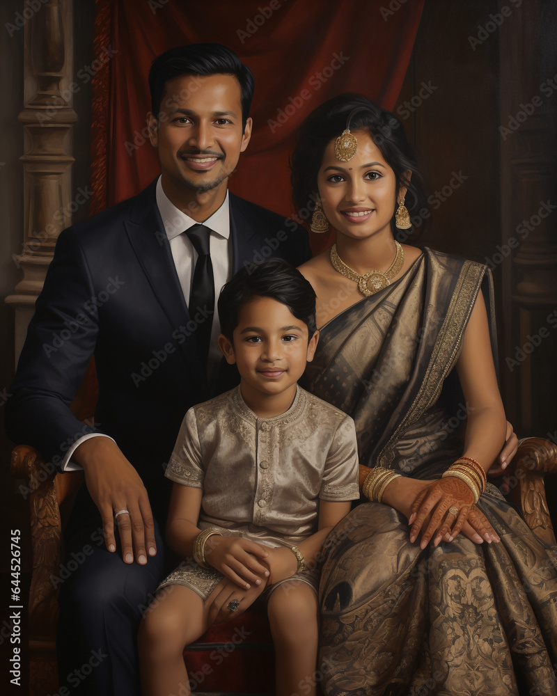 Generative ai portrait smiling affluent rich indian happy family posing ...
