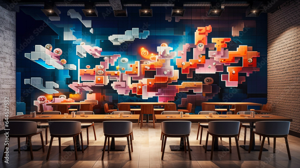 Contemporary Restaurant With Pixel Art On The Wall. Modern Dining Space ...