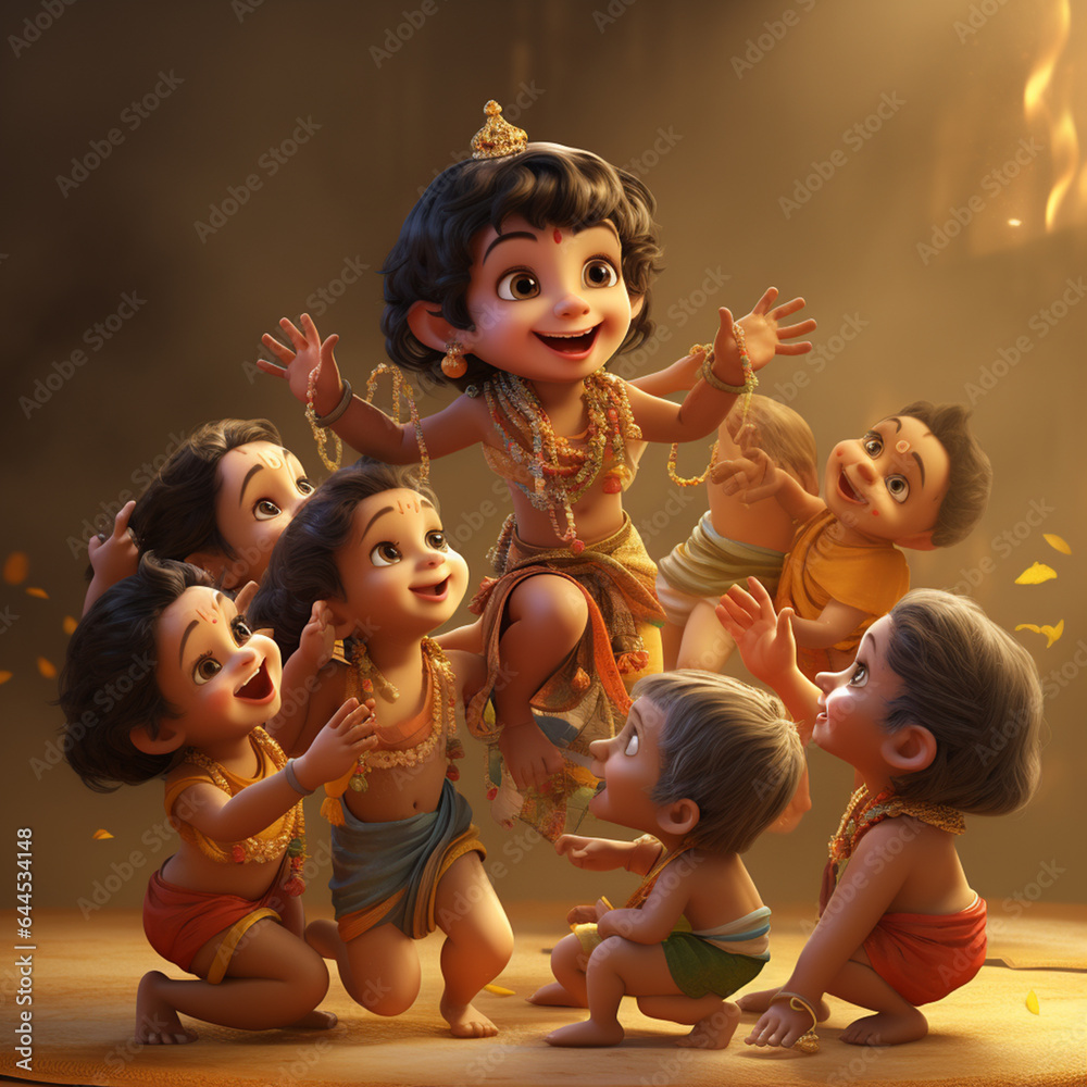 Young Lord Krishna's Playful Dahi Handi Adventures in 3D Cartoon Style ...