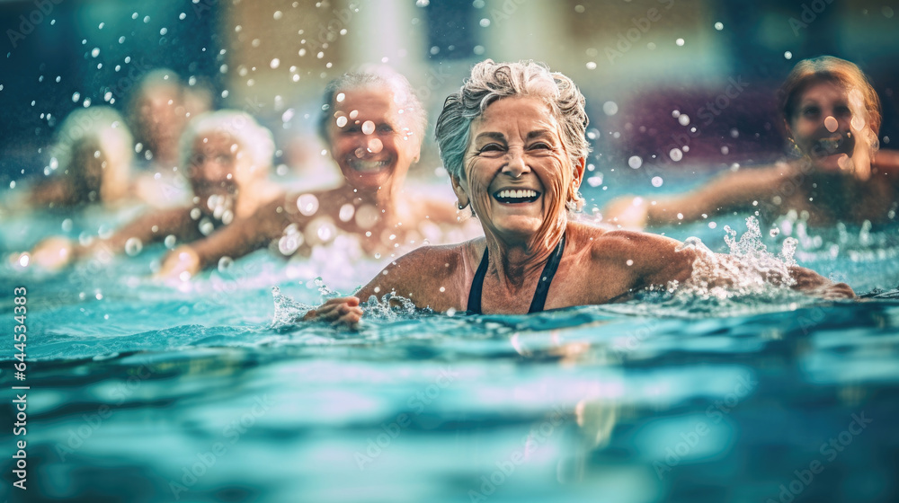 Exercise in water, Active senior women enjoying aqua fit class in a ...