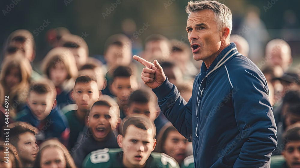 Football coach, Inspiring high school football coach delivering a passionate speech, promoting ...