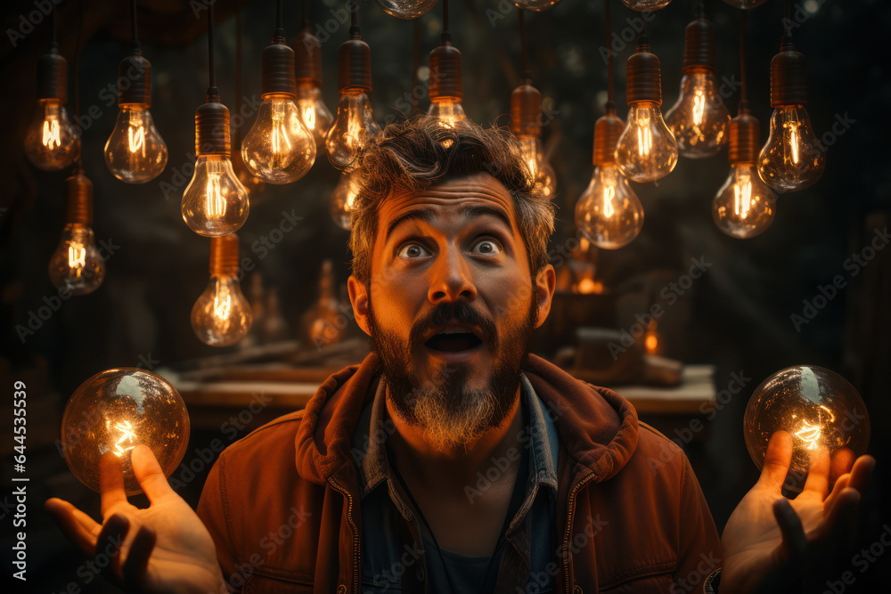 Eureka Moment. Person with a surprised expression holding a glowing ...