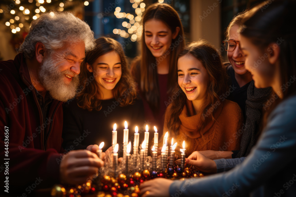 A group of friends celebrates the Festival of Lights by lighting a ...