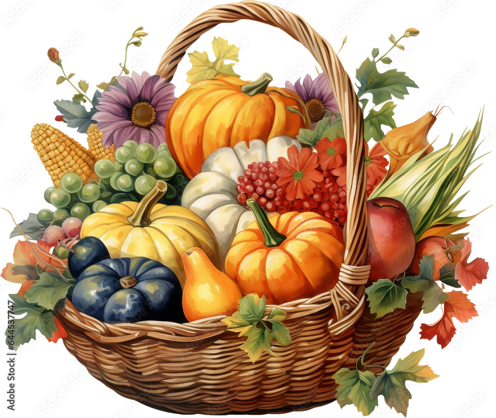 Watercolor Autumn Harvest Basket Clipart, Fall Vegetable PNG, Harvest ...