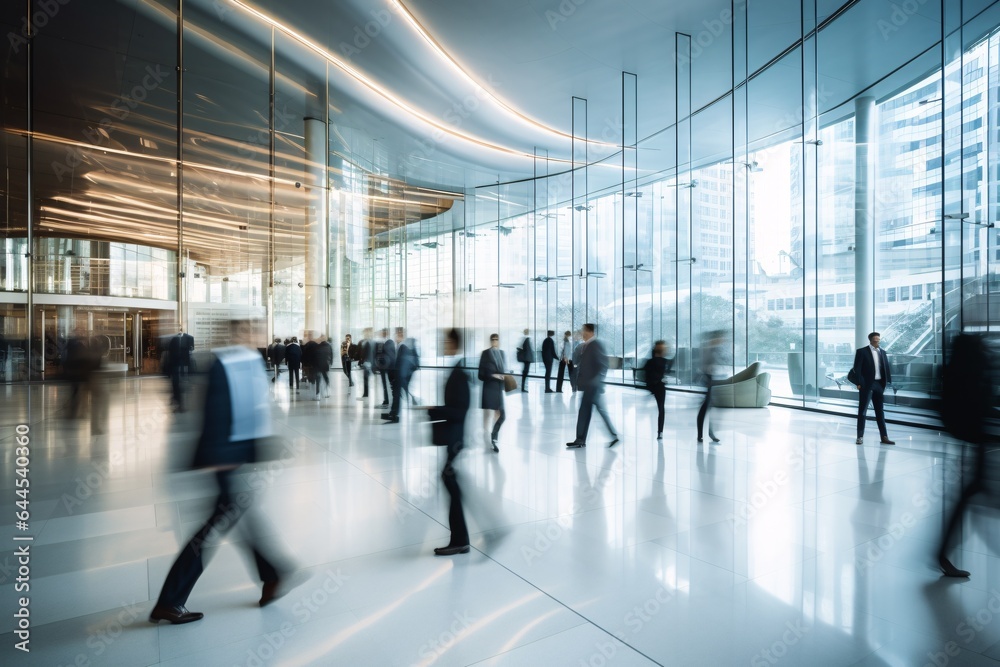 a sleek, modern office lobby with towering glass walls and reflective ...