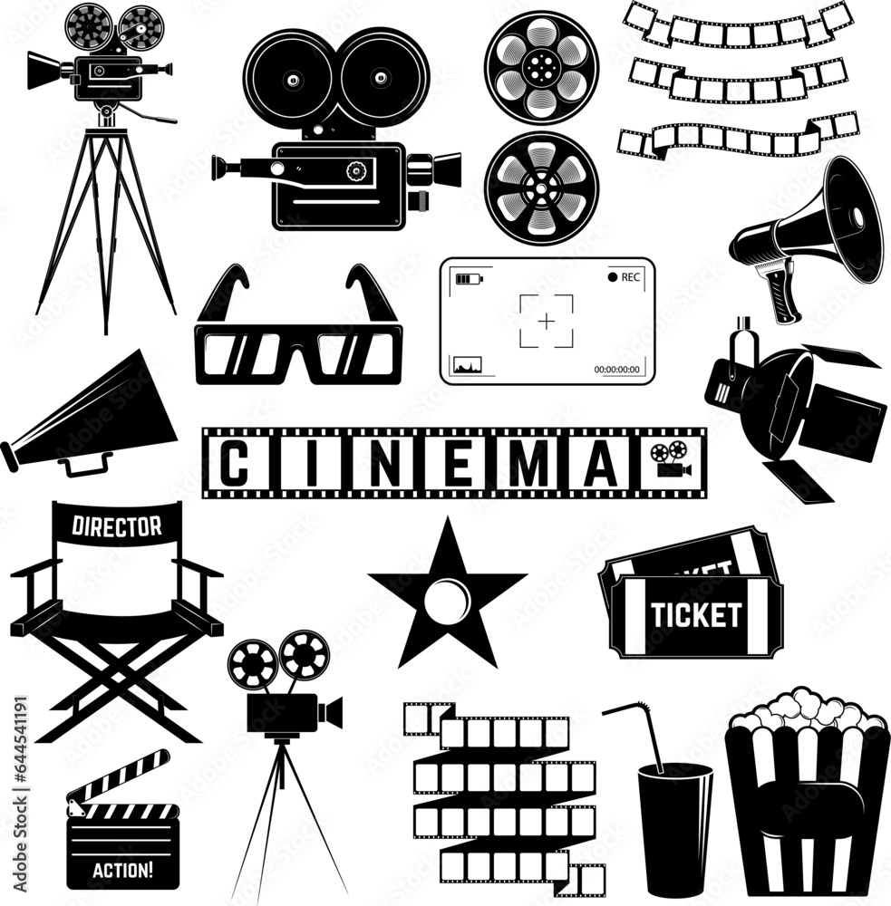 Set of cinema icons. Directors chair, cinema cameras, 3d goggles ...