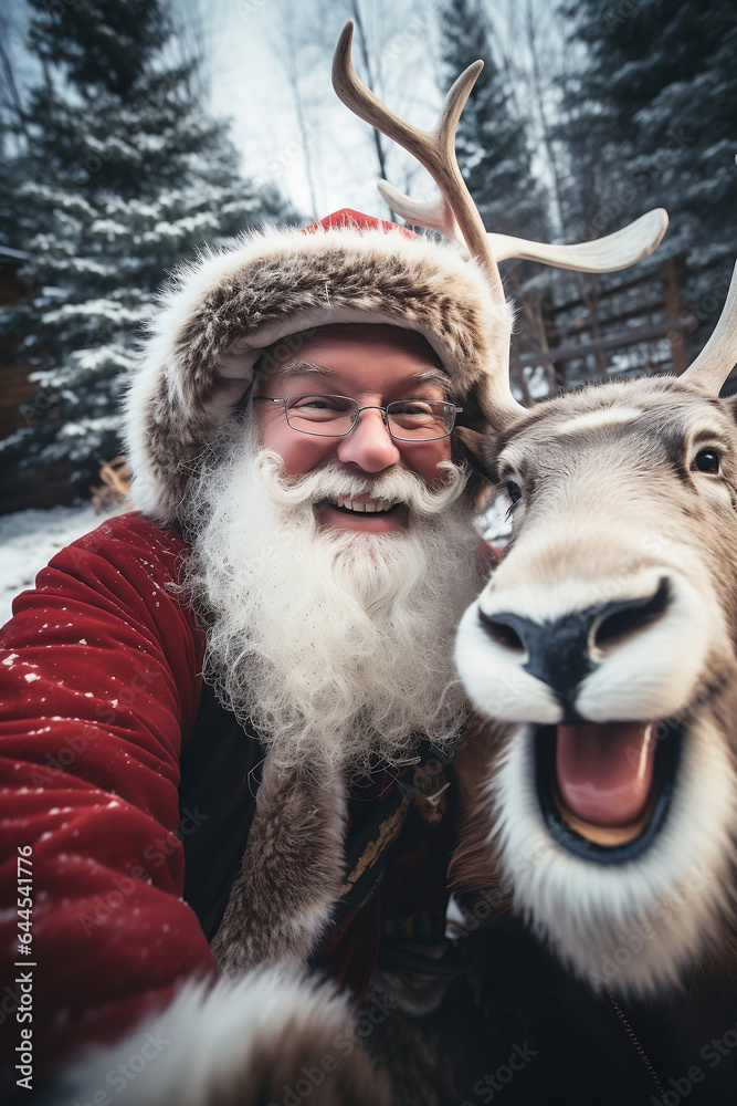 Santa Claus taking a selfie with his trusty reindeer in Snowy Christmas ...