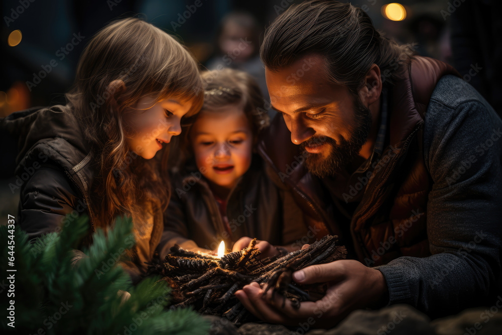 A family participates in a Yule log ceremony, carrying on the tradition ...