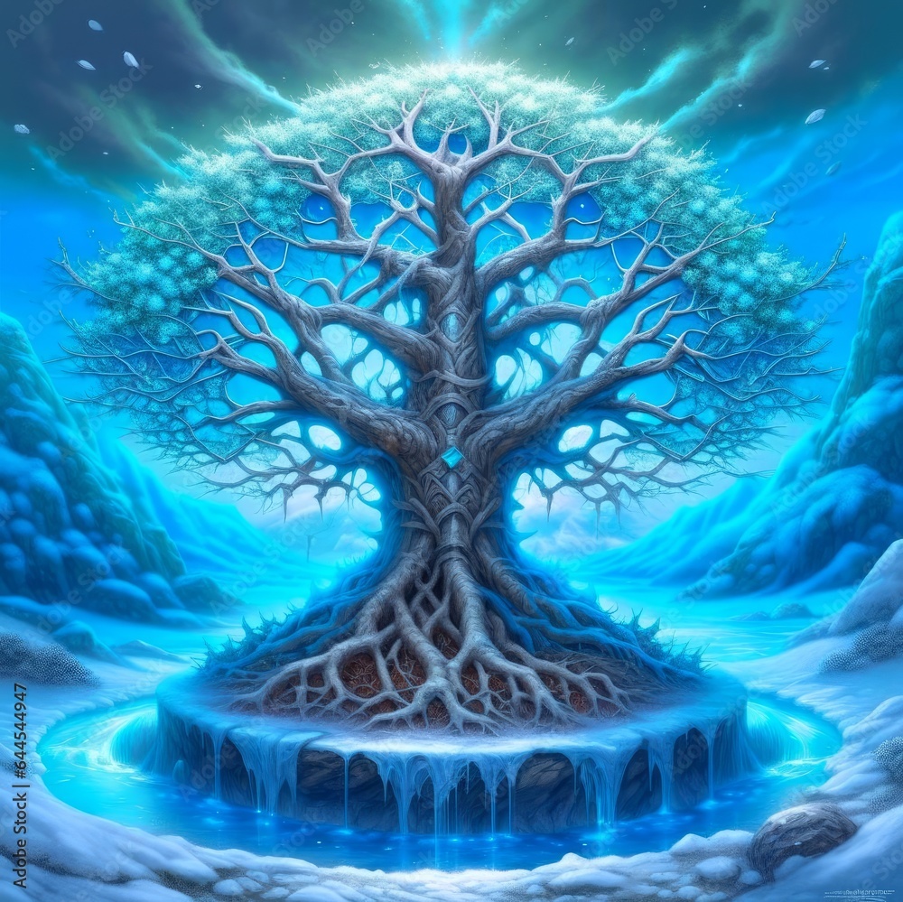 Yggdrasil in ice, in Scandinavian mythology the “Tree of Light”. Stock ...