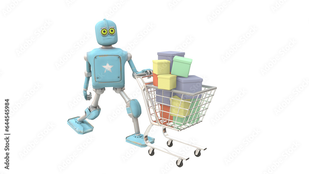 Retro robot moving shopping cart, 3D render cartoon style, isolated on ...