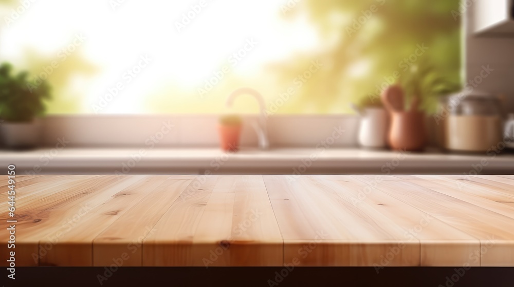 Wooden table on blurred kitchen bench background, Advertisement, Print ...