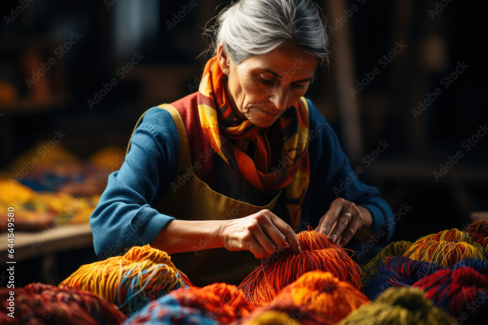 A weaver works on a loom, combining colors and textures to create textiles that embody their ...