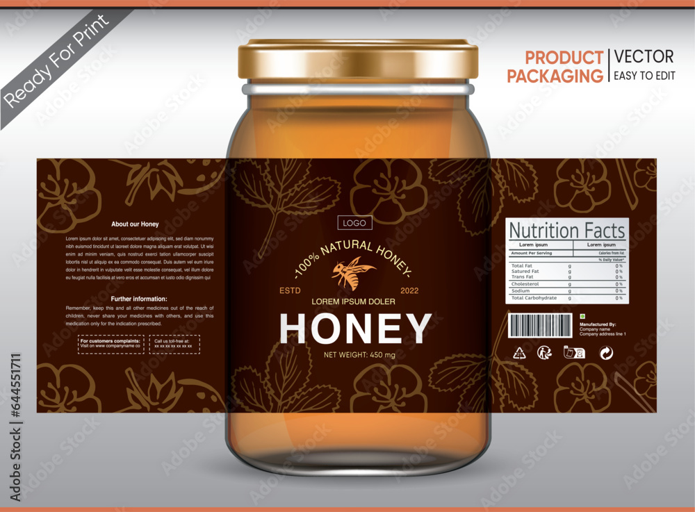 Honey Label, Honey Packaging, Bee honey, Honey Vector packaging, Label ...