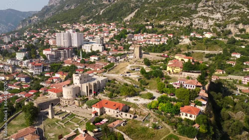 Stockvideon Kruje Castle and its fortress seen from an aerial drone ...